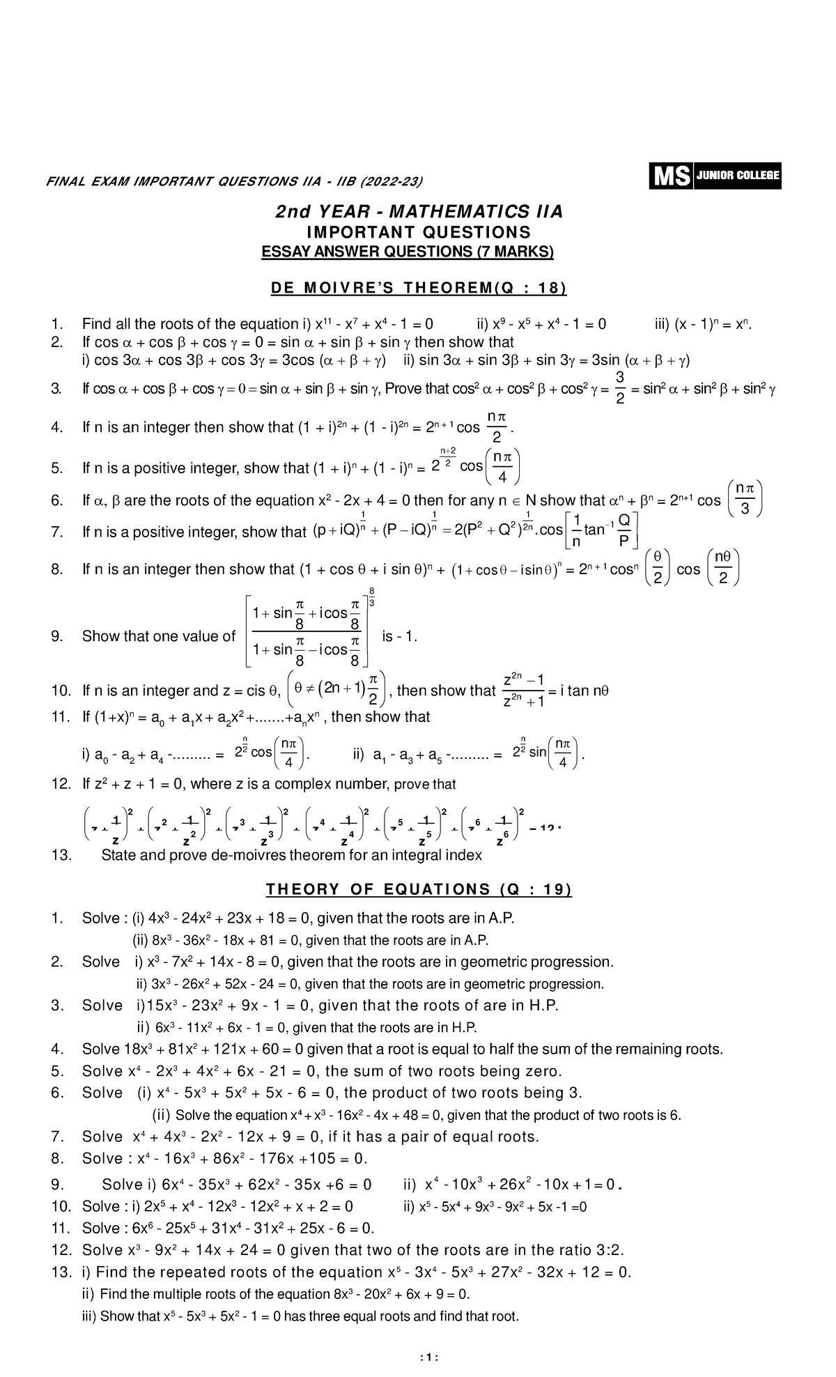 Maths IIA-IIB - ipe - 2nd YEAR - MATHEMATICS IIA IMPORTANT QUESTIONS ...