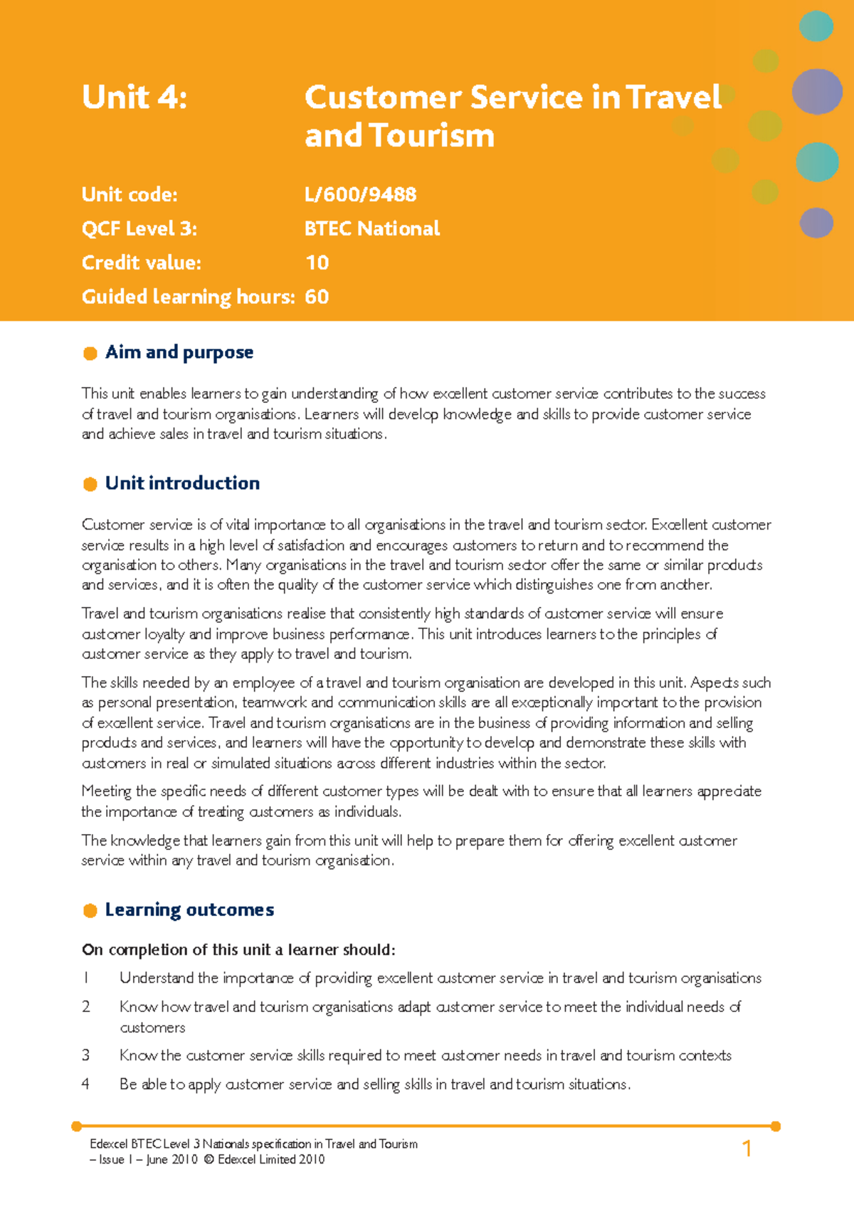 Unit 4 Customer service in travel and tourism - Edexcel BTEC Level 3 ...