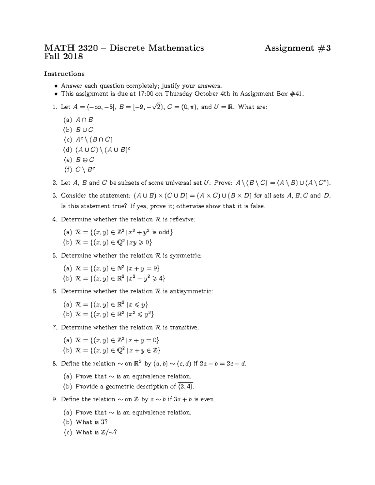 Assn3 - Assignment 3 with solutions - MATH 2320 – Discrete Mathematics ...