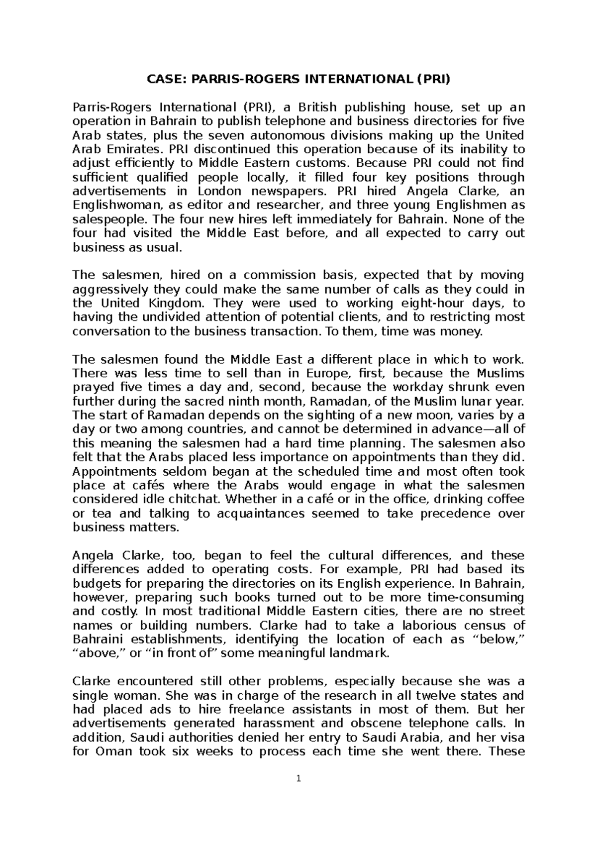 CASE-Parris-Rogers International (PRI), AND Macdonalds - CASE: PARRIS ...