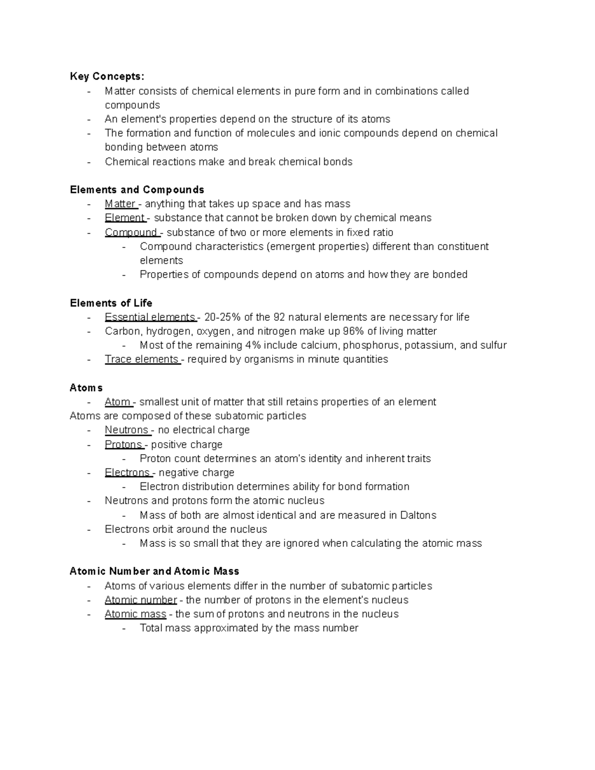 Biology Chapter 2 The Chemical Context Of Life Key Concepts