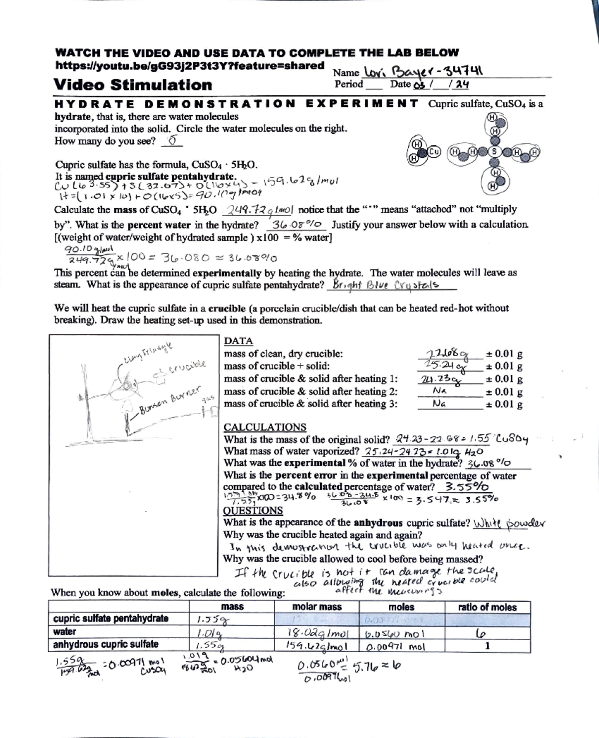 Lab Sim-Hydrate Sample - WATCH THE VIDEO AND USE DATA TO COMPLETE THE ...