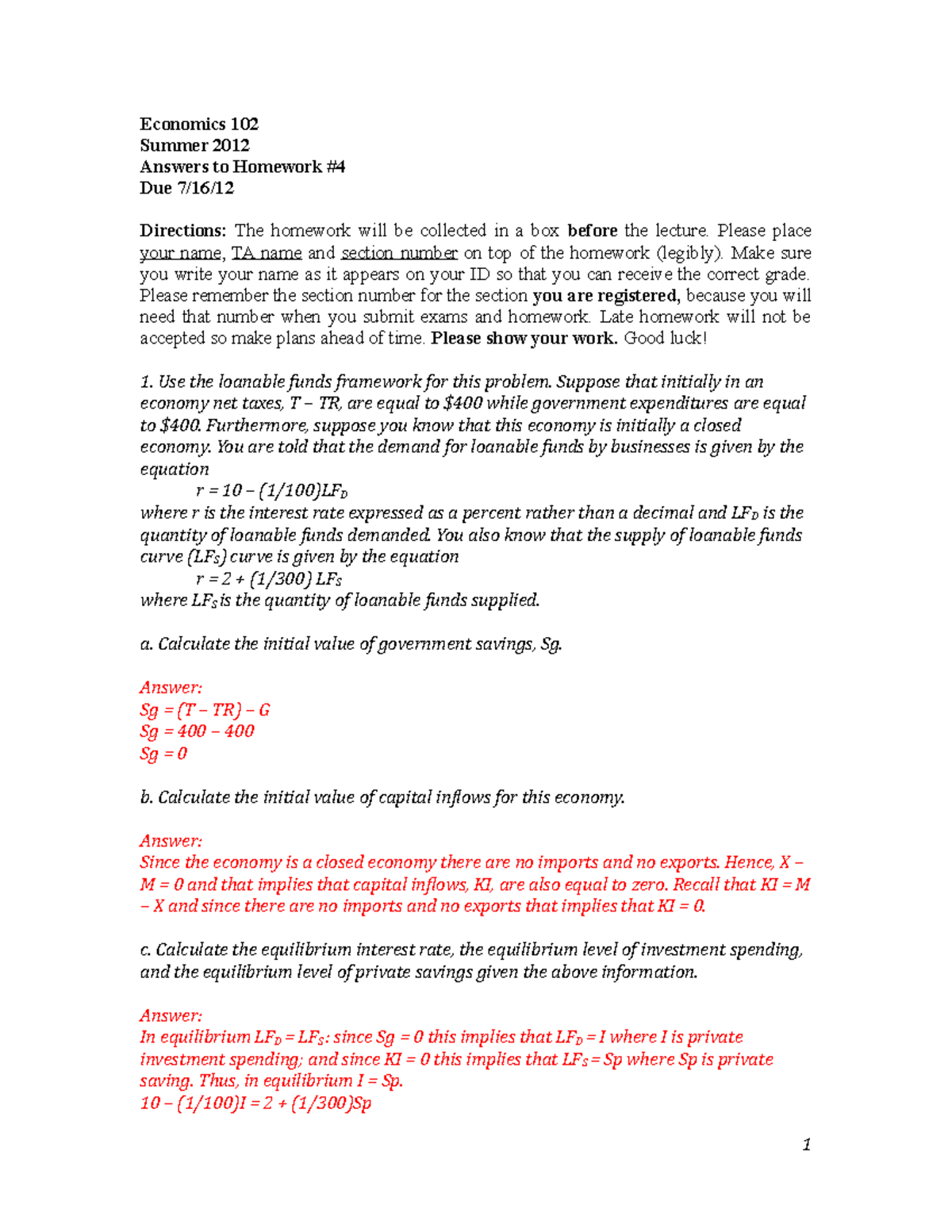 Answerstohomework 4summer 2012 - Economics 102 Summer 2012 Answers to ...