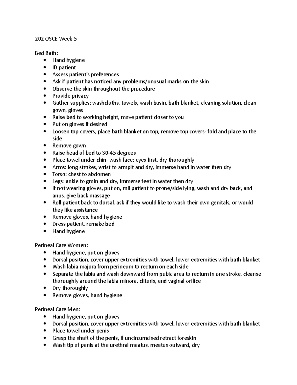 202 OSCE Week 5 - OSCE study notes - 202 OSCE Week 5 Bed Bath: Hand ...