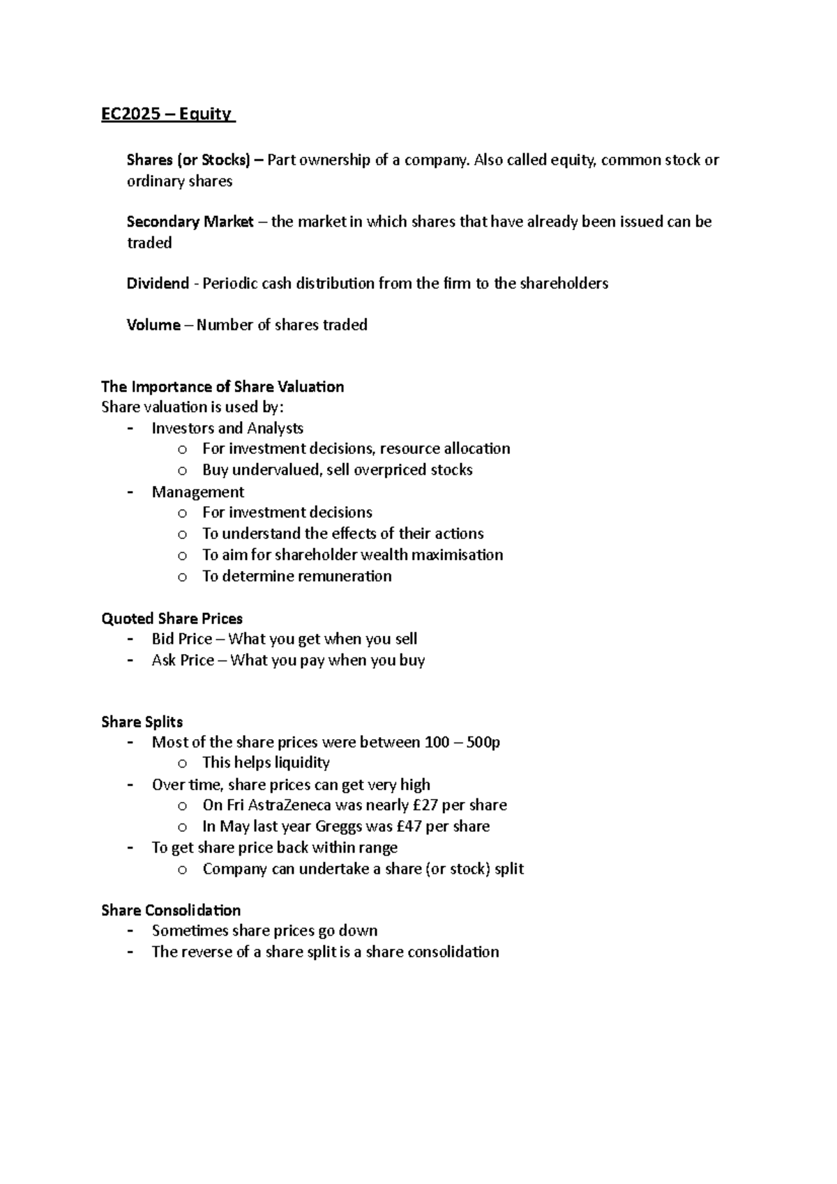EC2025 - Equity - summary notes - EC2025 – Equity Shares (or Stocks ...