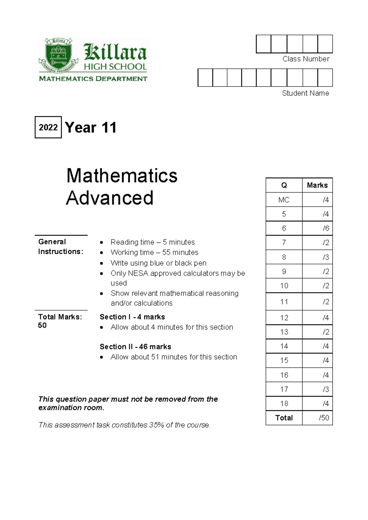 2022 yr11 Adv Task1 - Class Number Student Name 2022 Year 11 ...