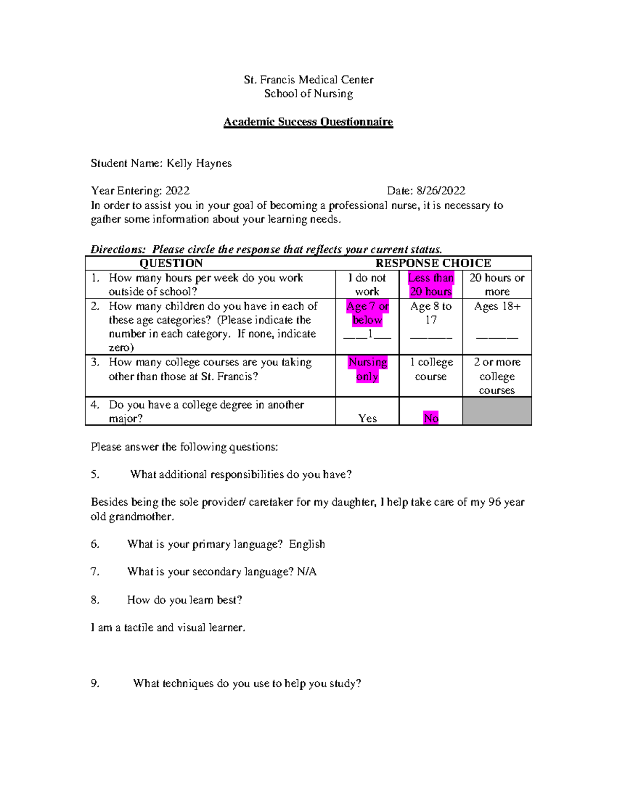 Academic Success Questionnaire - St. Francis Medical Center School of ...