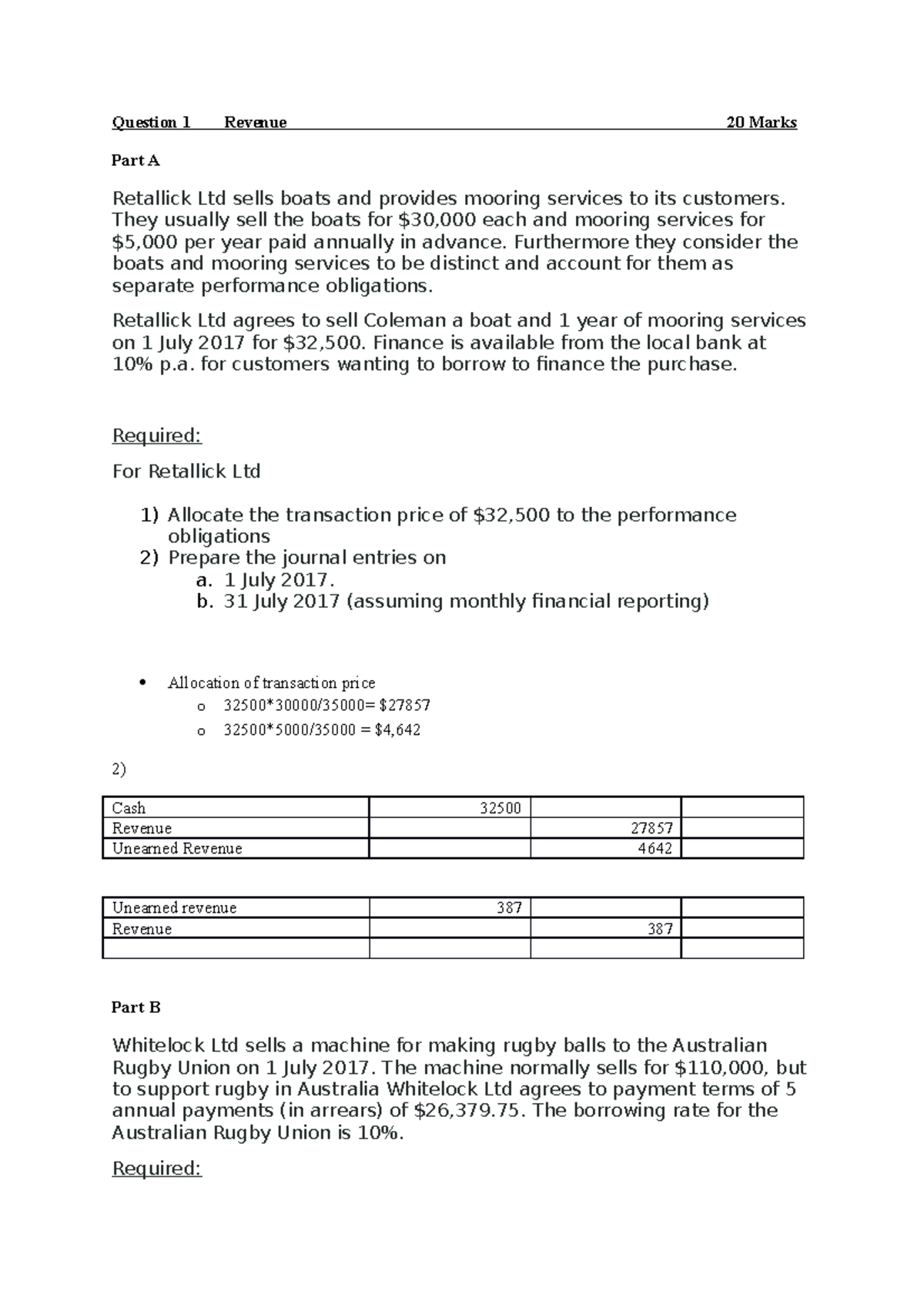 ASR Sample exam 1 Solutions - Question 1 Revenue 20 Marks Part A ...