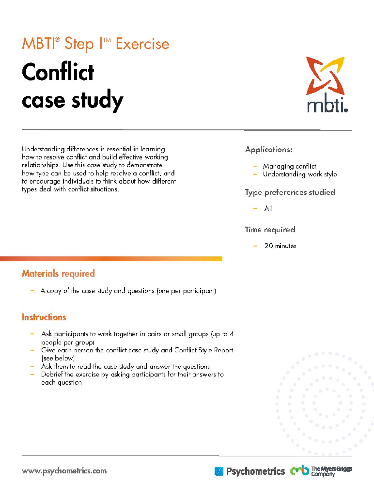 Mbtiexercise conflictcasestudy - MBTI ® Step I TM Exercise Conflict ...