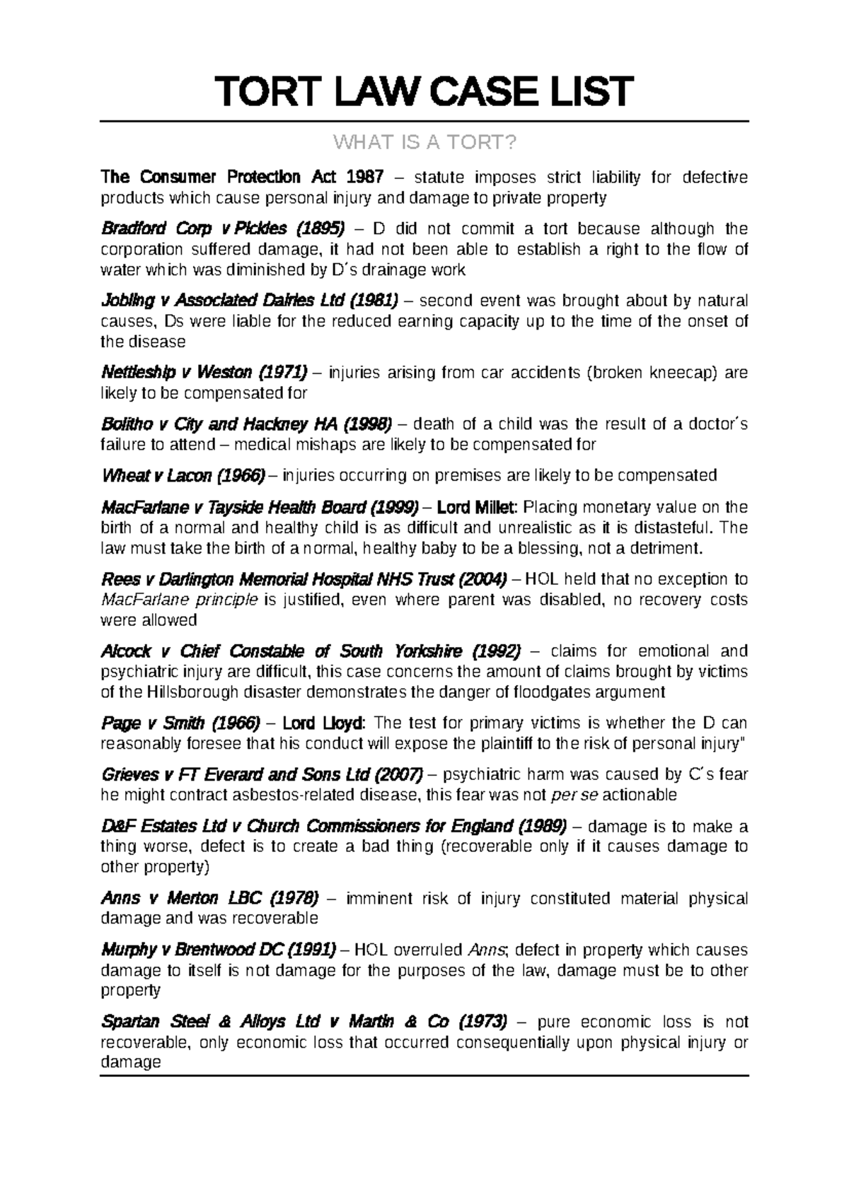Emailing Tort Law Case List - TORT LAW CASE LIST WHAT IS A TORT? The ...