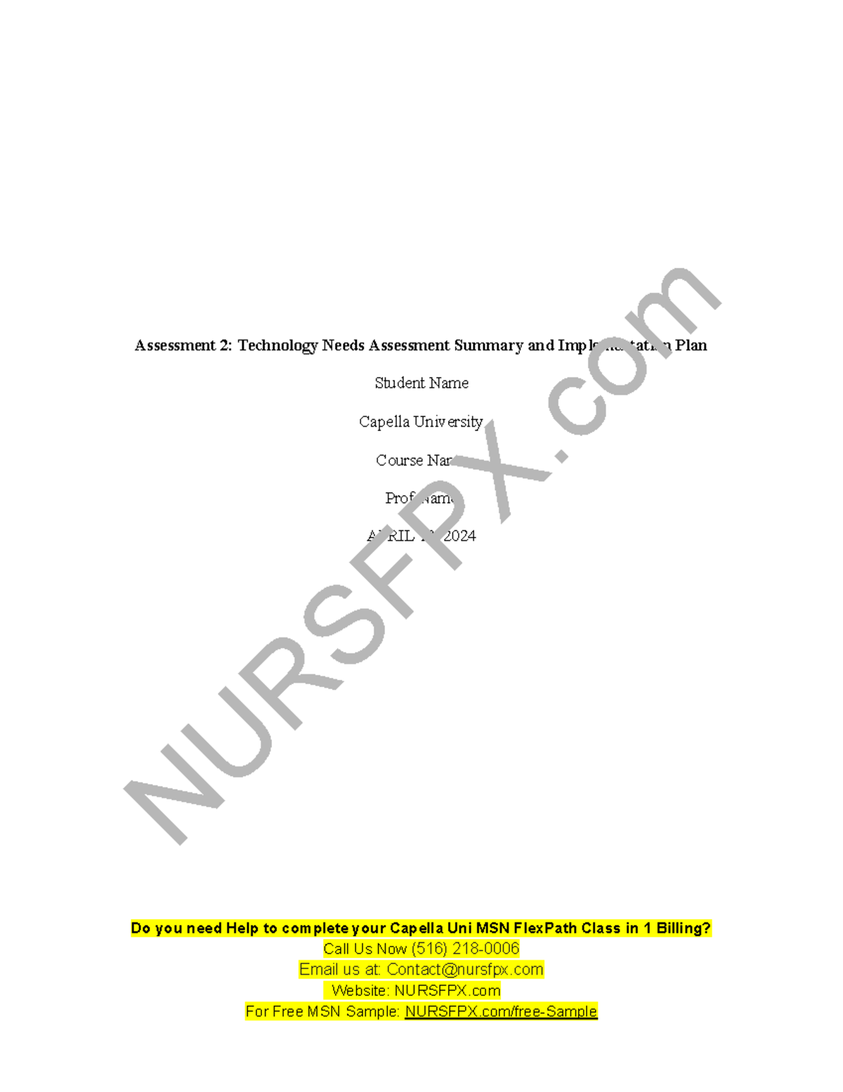 NURS FPX 6416 Assessment 2 Technology Needs Assessment Summary and Implementation Plan ...