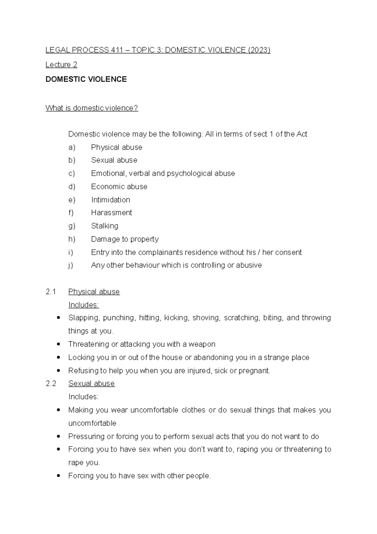 Topic 3 - Lecture 2 - Notes on Domestic Violence - LEGAL PROCESS 411 ...