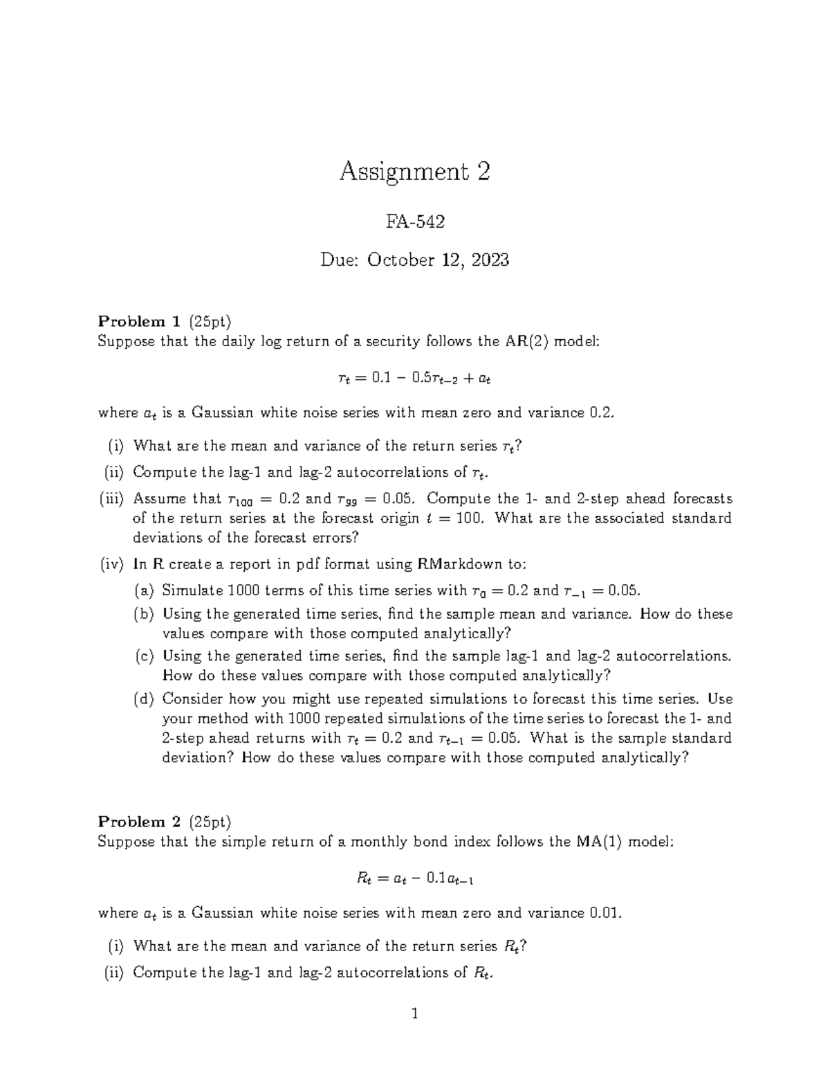 FA-542-HW2 F23 - qwertyuiop[asdfghjk - Assignment 2 FA- Due: October 12, 2023 Problem 1 (25pt ...