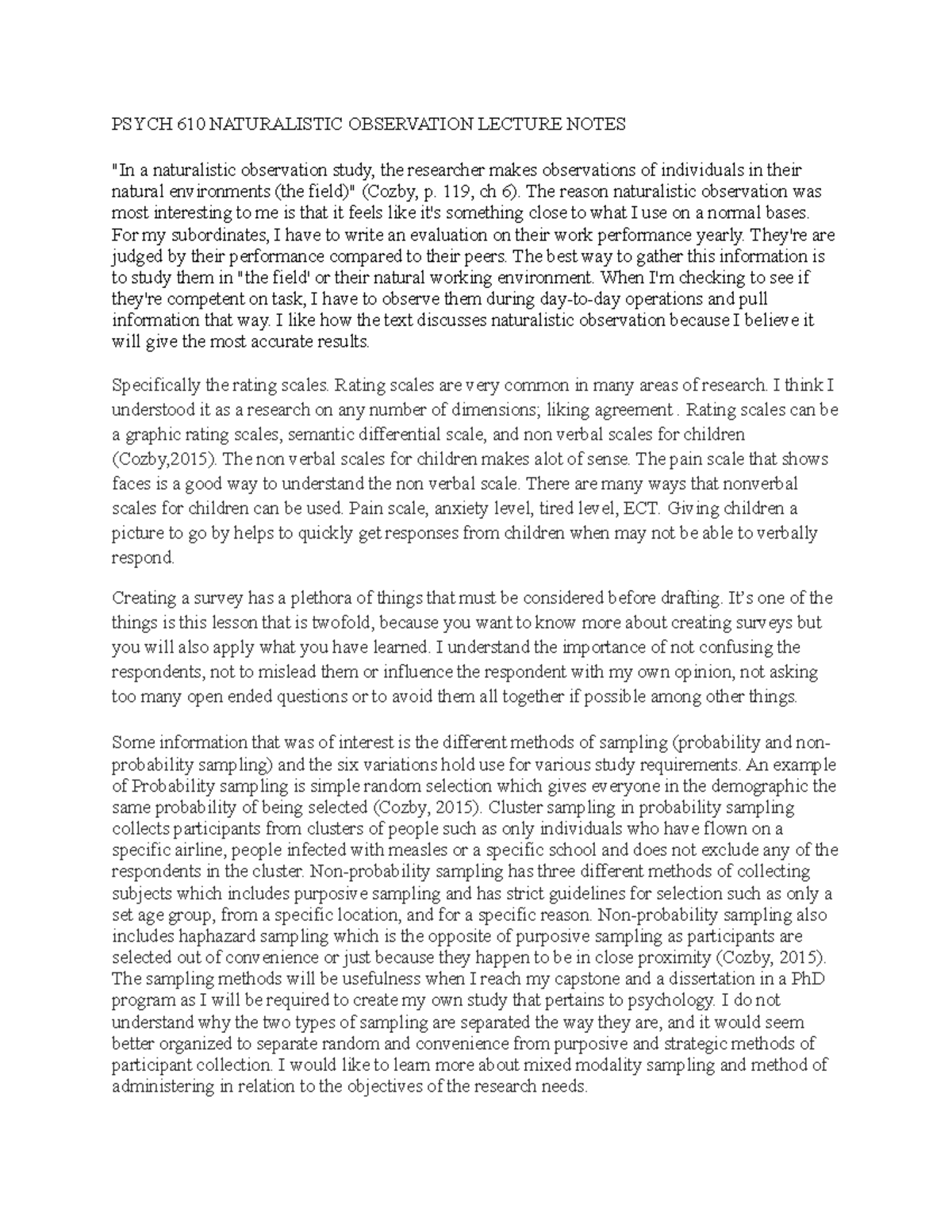 PSYCH 610 Naturalistic Observation Lecture Notes - PSYCH 610 ...