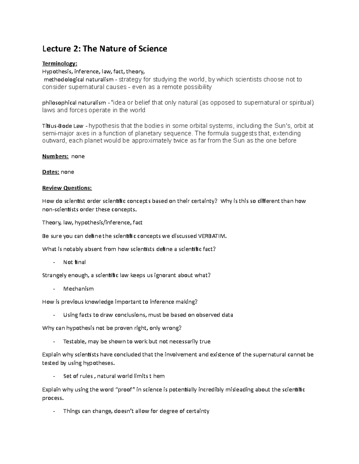 EOS 101 Lecture 2 Review Sheet - Lecture 2: The Nature of Science ...