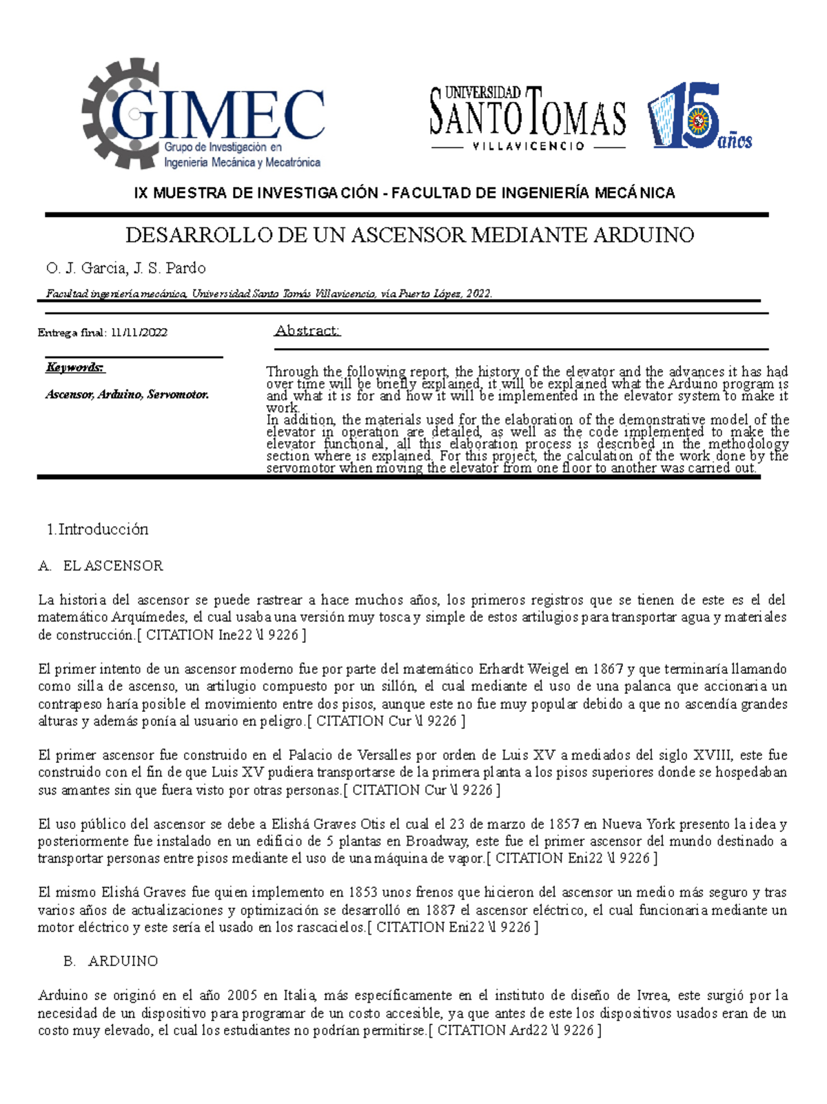 Articulo Proyecto Desarrollo De Un Ascensor Mediante Arduino O J