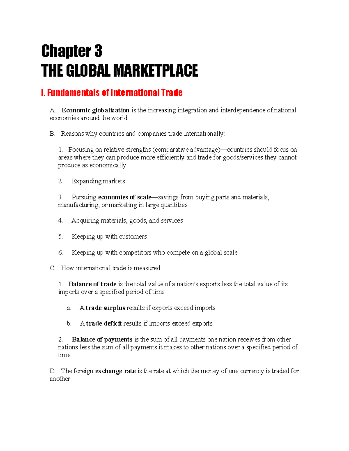 Chapter 3 Notes - Chapter 3 THE GLOBAL MARKETPLACE I. Fundamentals of ...