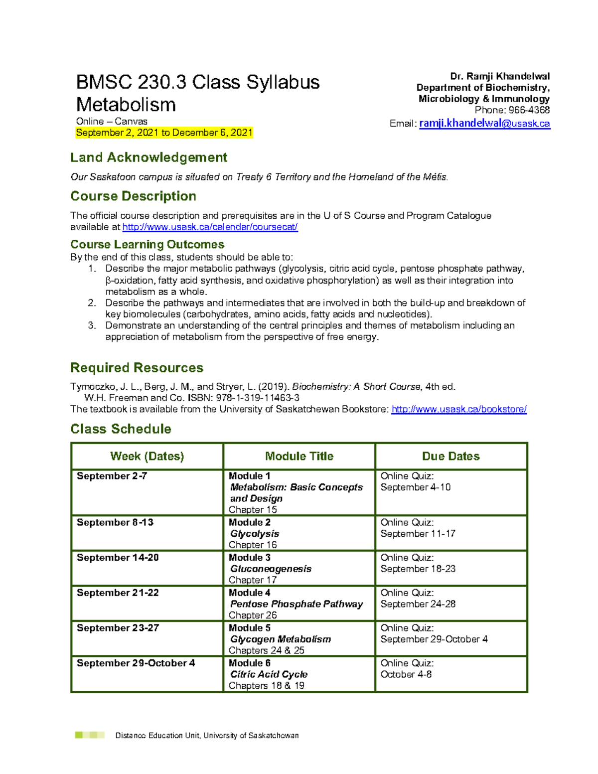 BMSC 230 syllabus Sept 2021 - Distance Education Unit, University of ...