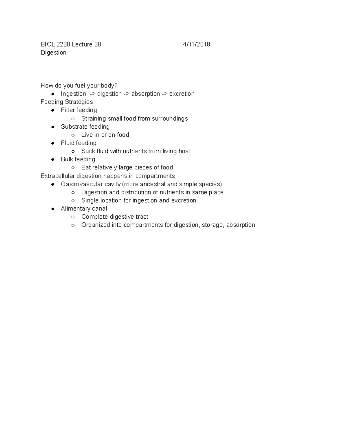 Digestion Lecture - BIOL 2200 Lecture 30 Digestion 4/11/2018 How do you ...