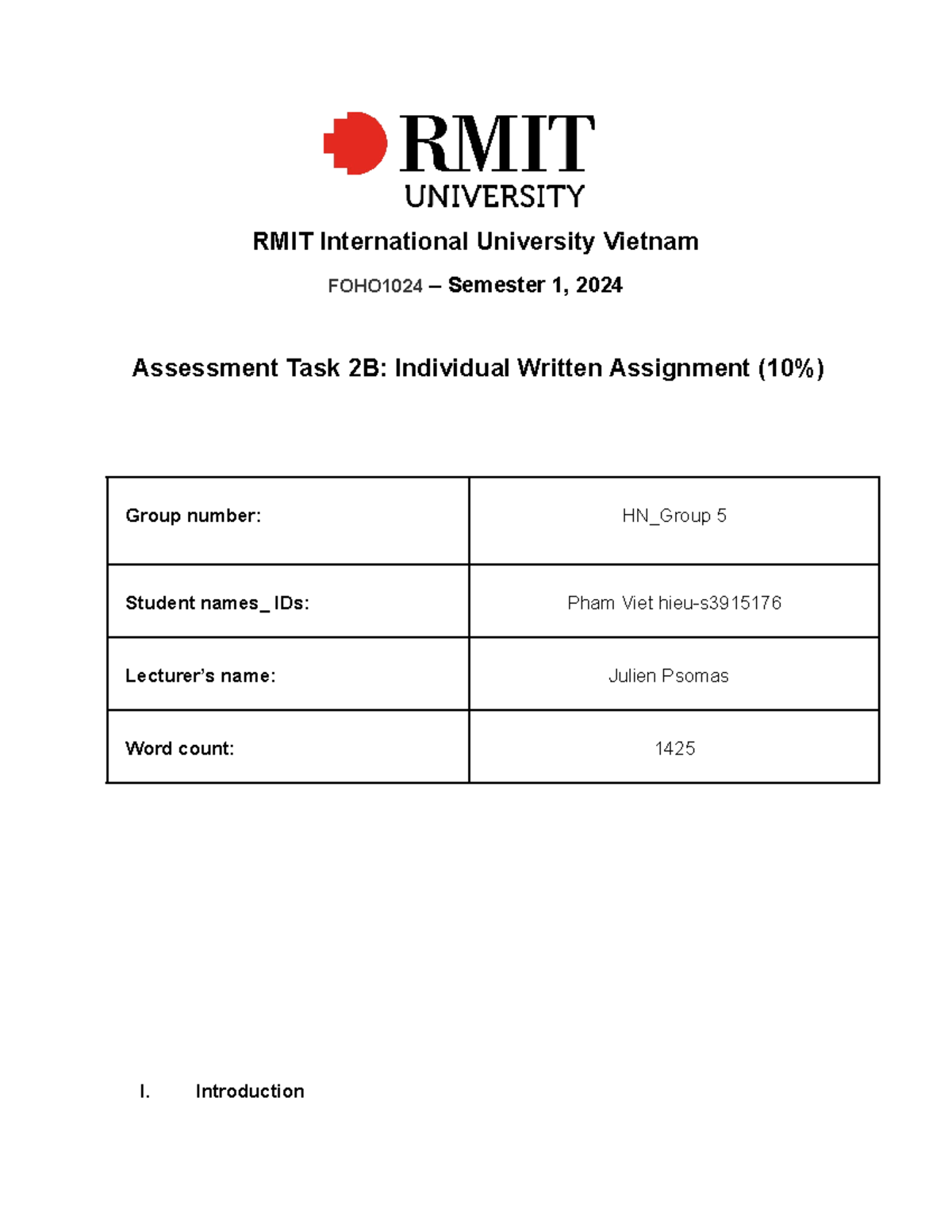 ASM2B Phamviethieu S3915176 - RMIT International University Vietnam ...