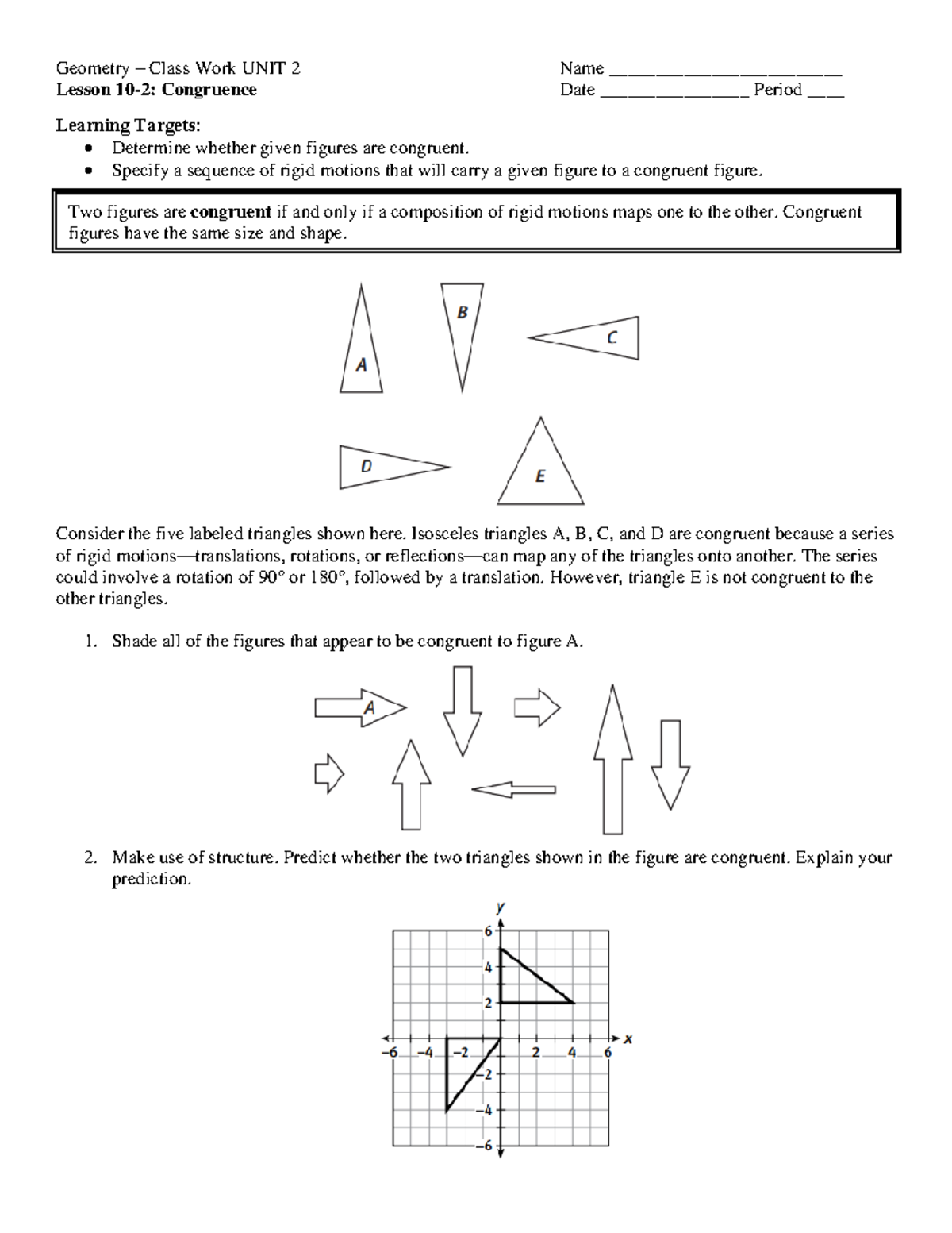 10-2 Congruence - Geometry - Geometry – Class Work UNIT 2 Name ...