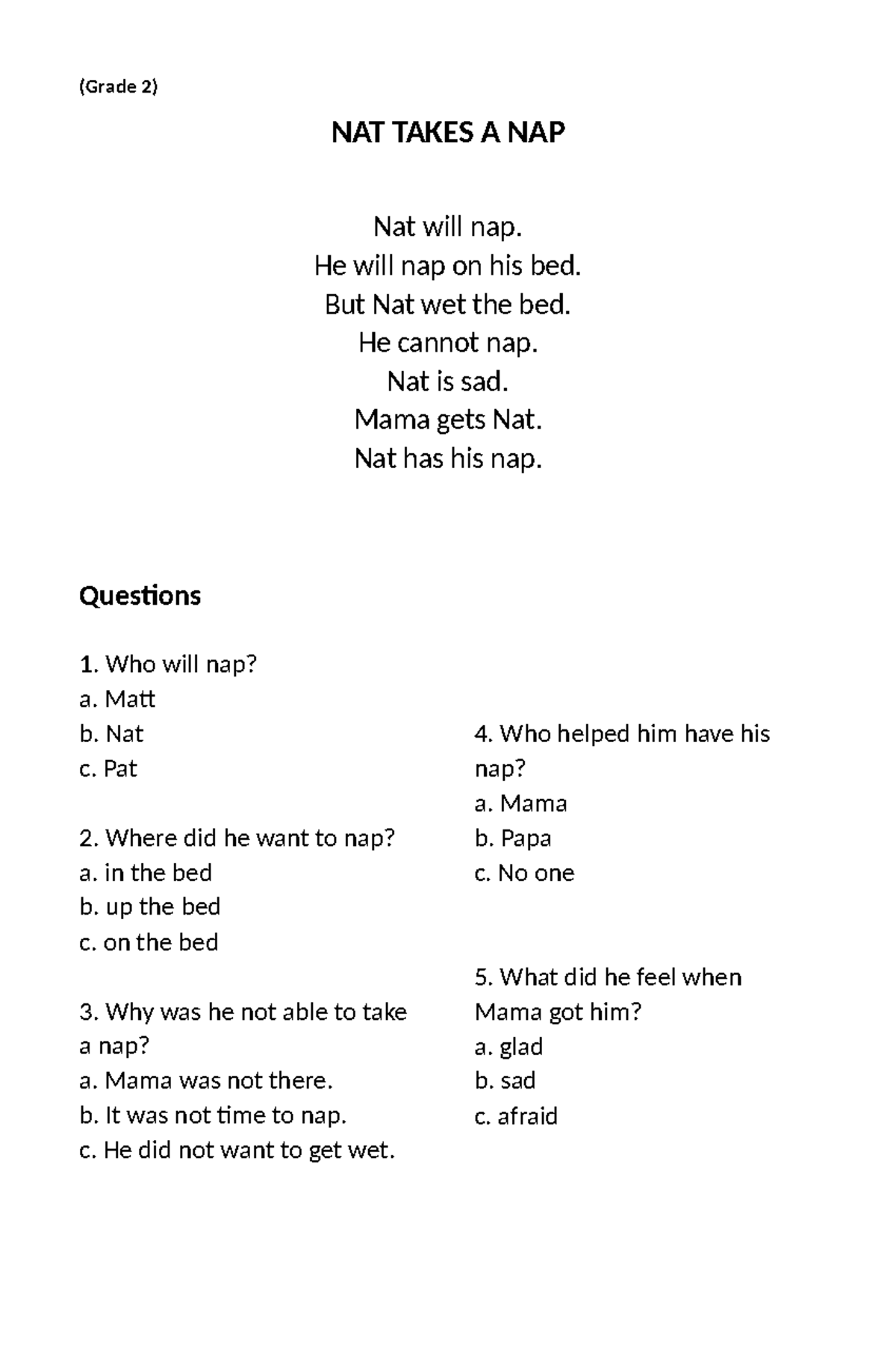 PHIL-IRI Posttest - NAT TAKES A NAP Nat will nap. He will nap on his ...