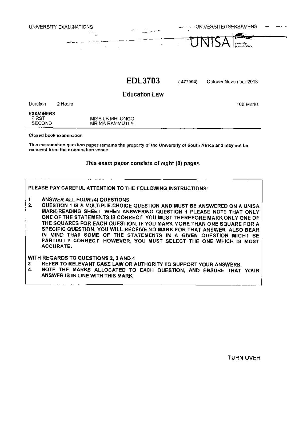 EDL3703 2018 10 E 1 - previous exam - Edl3703 - Studocu