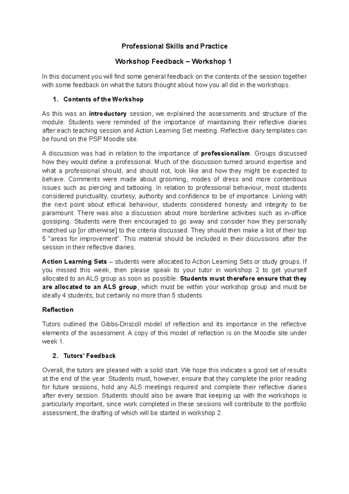 feedback workshop 1 - Professional Skills and Practice Workshop ...
