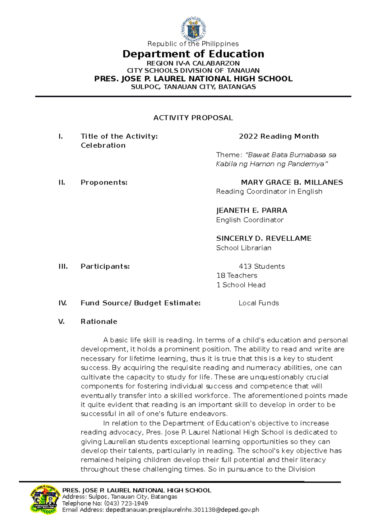 Proposal FOR Reading Month 2022 2023 - Department of Education REGION ...