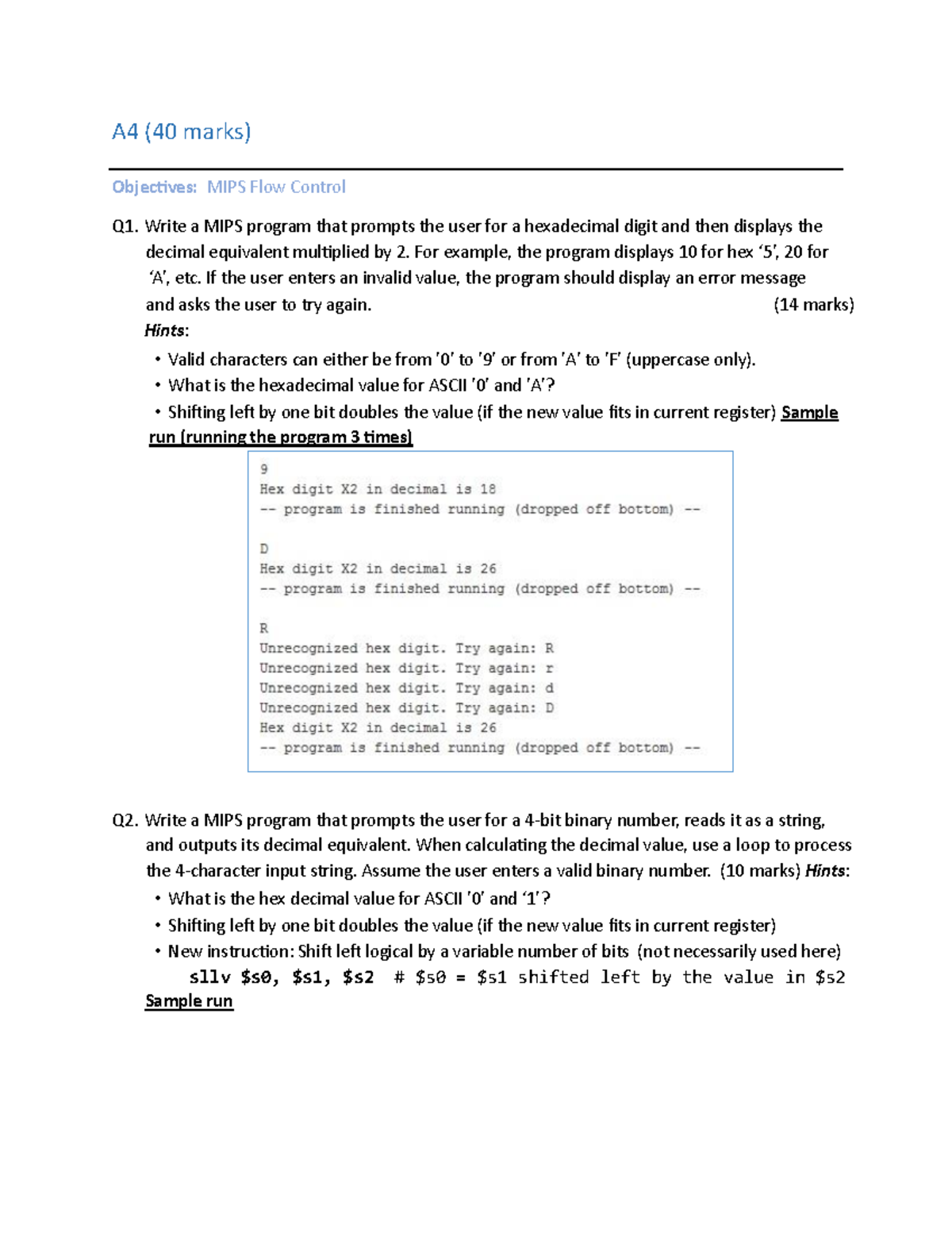 211 A04 - slides - A4 (40 marks) Objectives: MIPS Flow Control Q1 ...