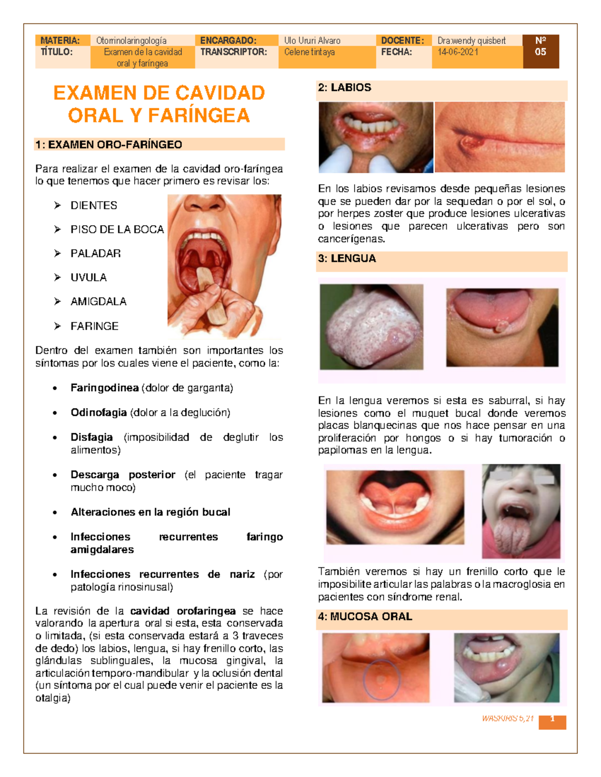Examen DE Cavidad ORAL Y Faríngeafaringitis - TÍTULO: Examen de la ...