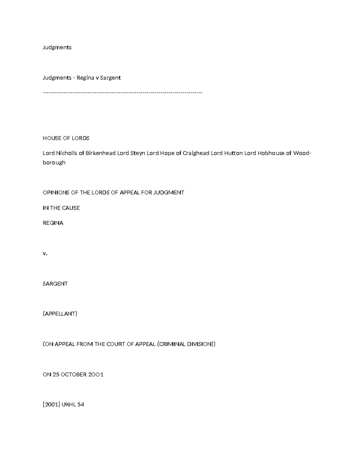 R v sargeant - case brief - Judgments Judgments - Regina v Sargent ...