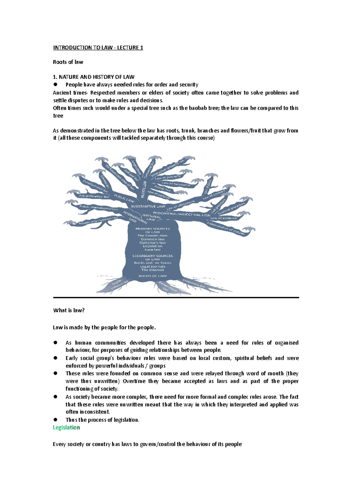 Introduction TO LAW-lec 1 - INTRODUCTION TO LAW - LECTURE 1 Roots of ...