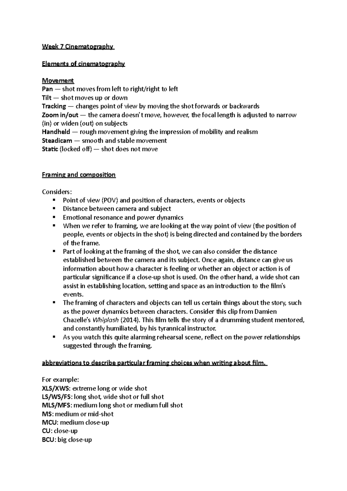 Week 7 Cinematography - WEEK 7 NOTES - Week 7 Cinematography Elements ...