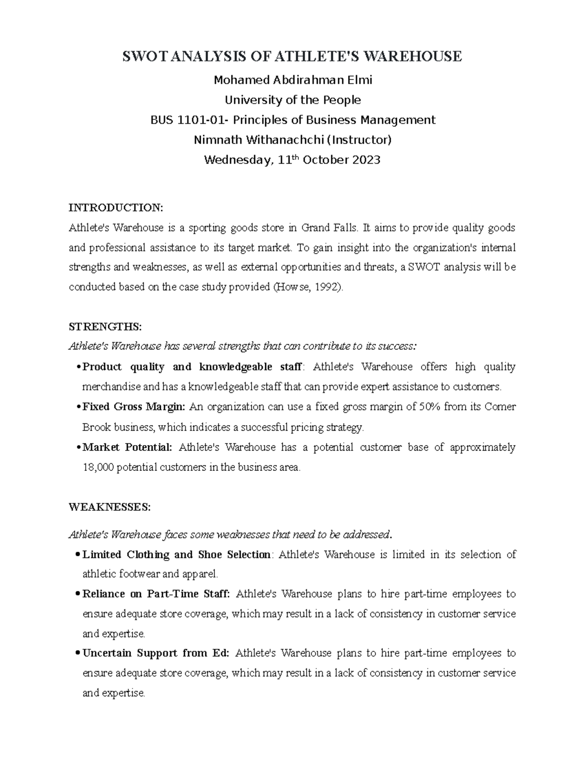 Written Assignment UNIT 5 - SWOT ANALYSIS OF ATHLETE'S WAREHOUSE ...