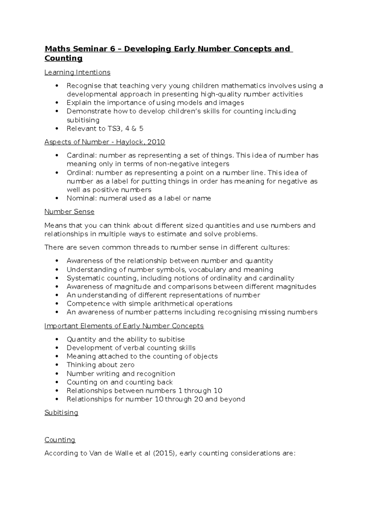 Seminar 6 Developing Early Number - Maths Seminar 6 – Developing Early ...