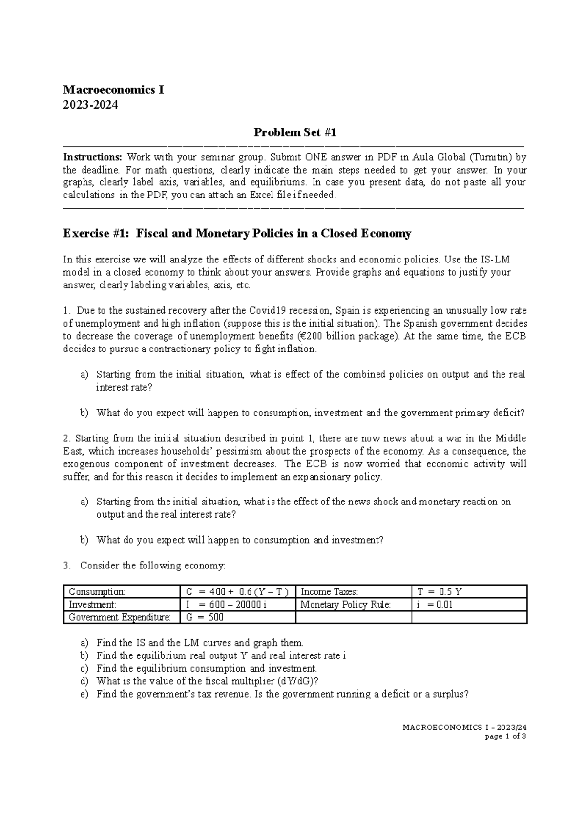 Problem Set 1 2023 students - Macroeconomics I 2023- 2024 Problem Set ...