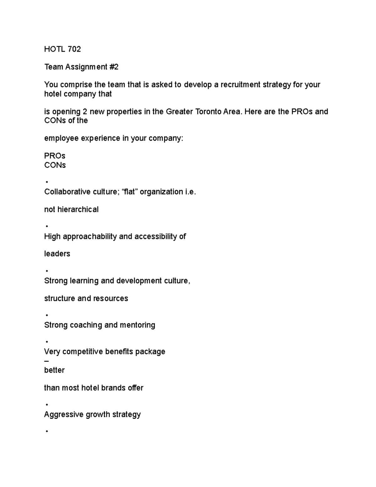 HOTL 702 Team Assignment #2 2023 - HRPD 702 - Centennial College - Studocu