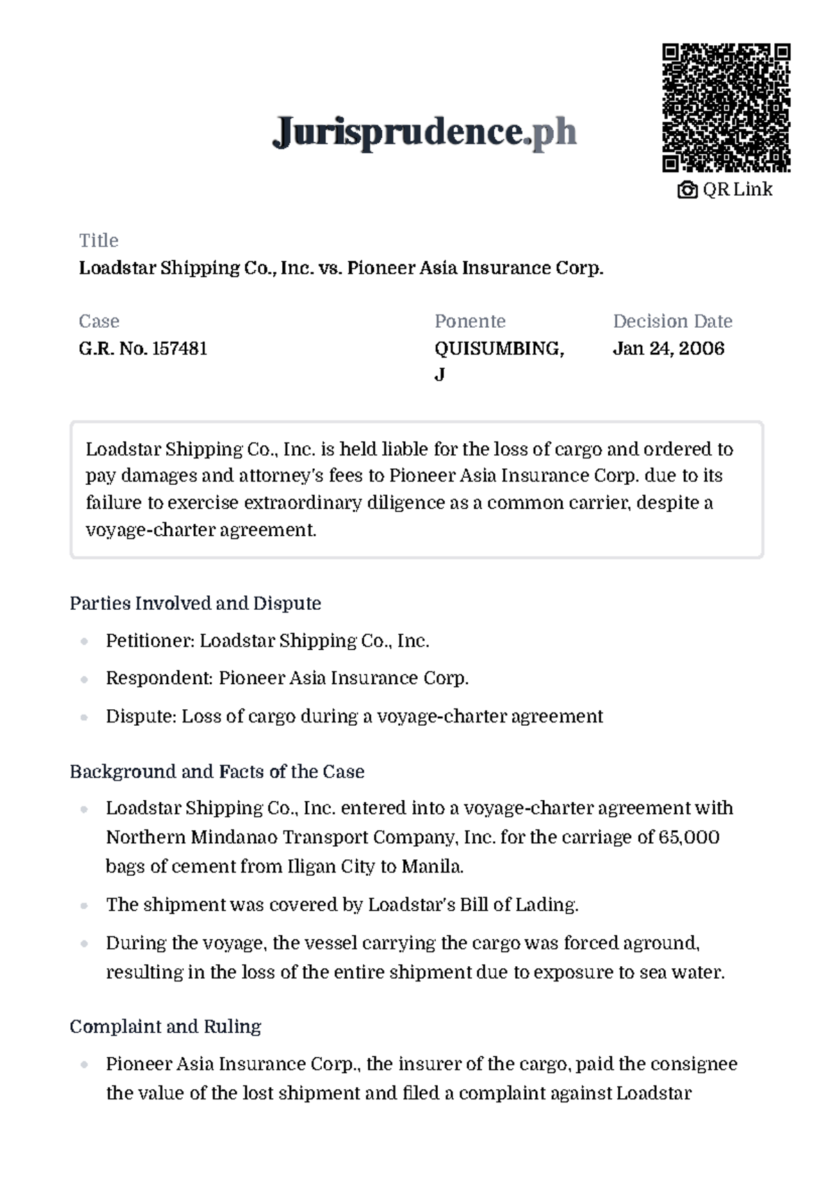 Loadstar Shipping vs. Pioneer Summary - Jurisprudence Title Loadstar ...