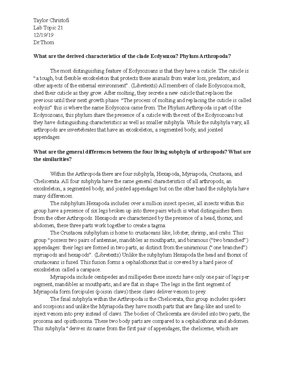 LAB Topic 21 ecdysozoa arthropoda - Taylor Christofi Lab Topic 21 12/19 ...