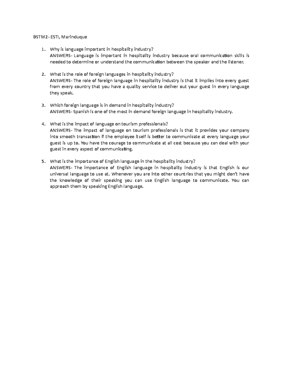 Foreign Language 1 - notes - BSTM2- ESTI, Marinduque Why is language ...