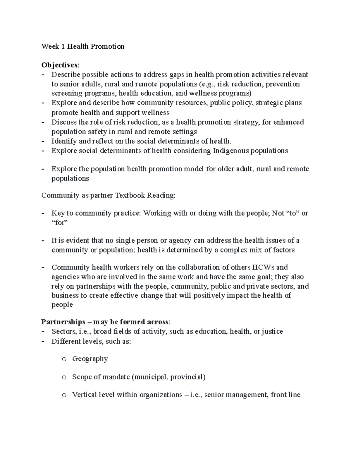 Week 1 Health Promotion - CNUR 402 - UR - Studocu