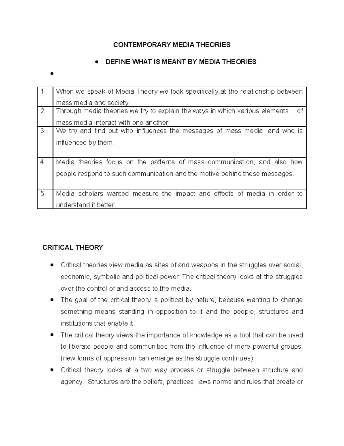 Question TWO Notes - CONTEMPORARY MEDIA THEORIES DEFINE WHAT IS MEANT ...