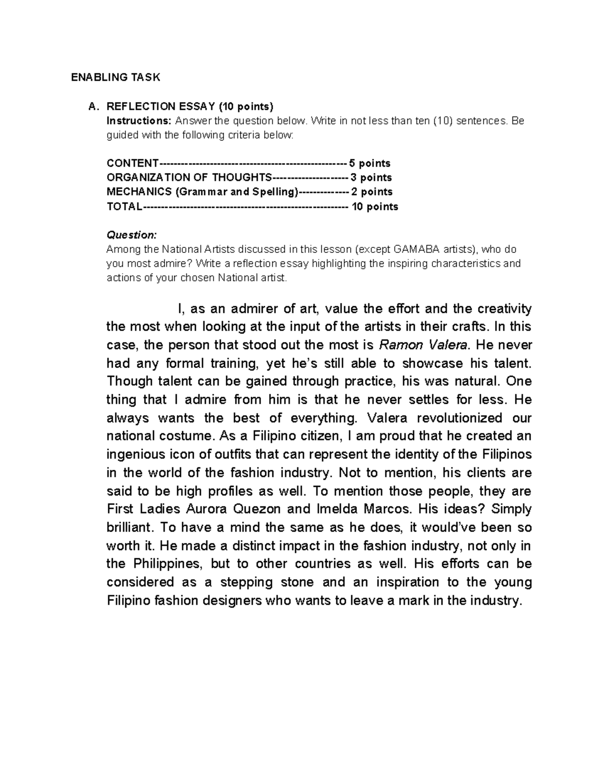 Contemporary ARTS - ENABLING TASK A. REFLECTION ESSAY (10 points) Instructions: Answer the ...