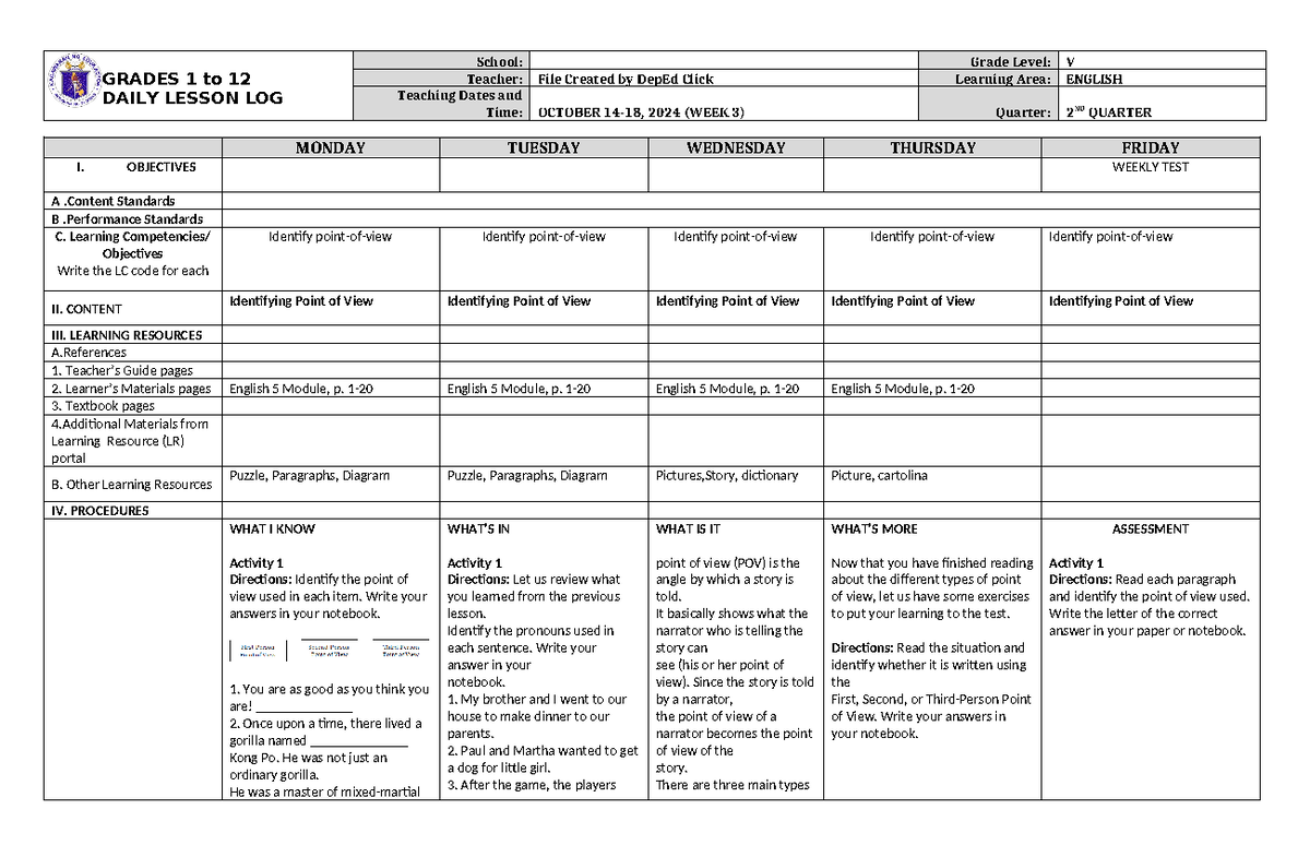 DLL English 5 Q2 W3 - dasdsa - GRADES 1 to 12 DAILY LESSON LOG School: Grade Level: V Teacher ...