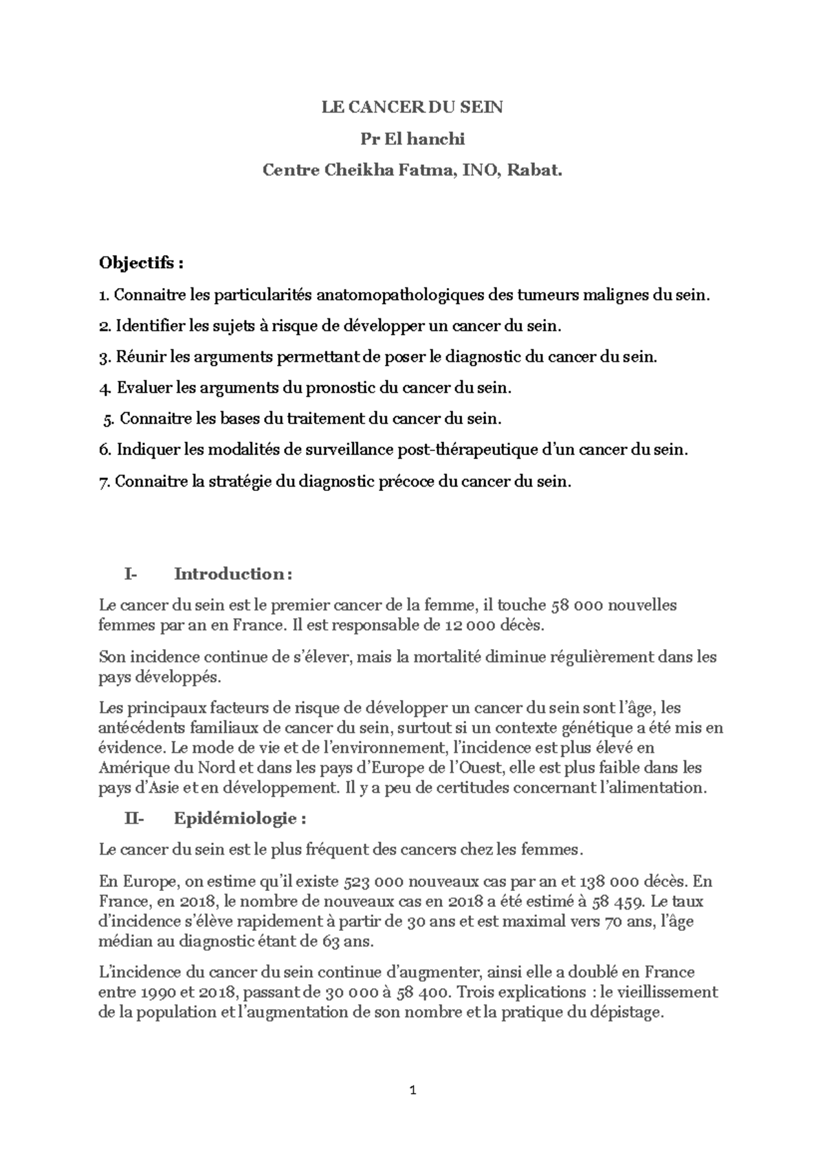 1. Cancer du sein cours Pr EL hanchi - LE CANCER DU SEIN Pr El hanchi ...