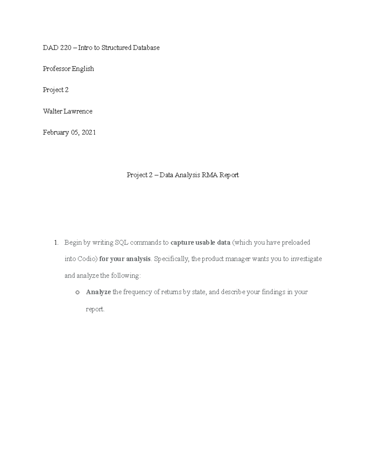 Walter Lawrence DAD 220 Project 2 RMA Analysis - DAD 220 – Intro to ...