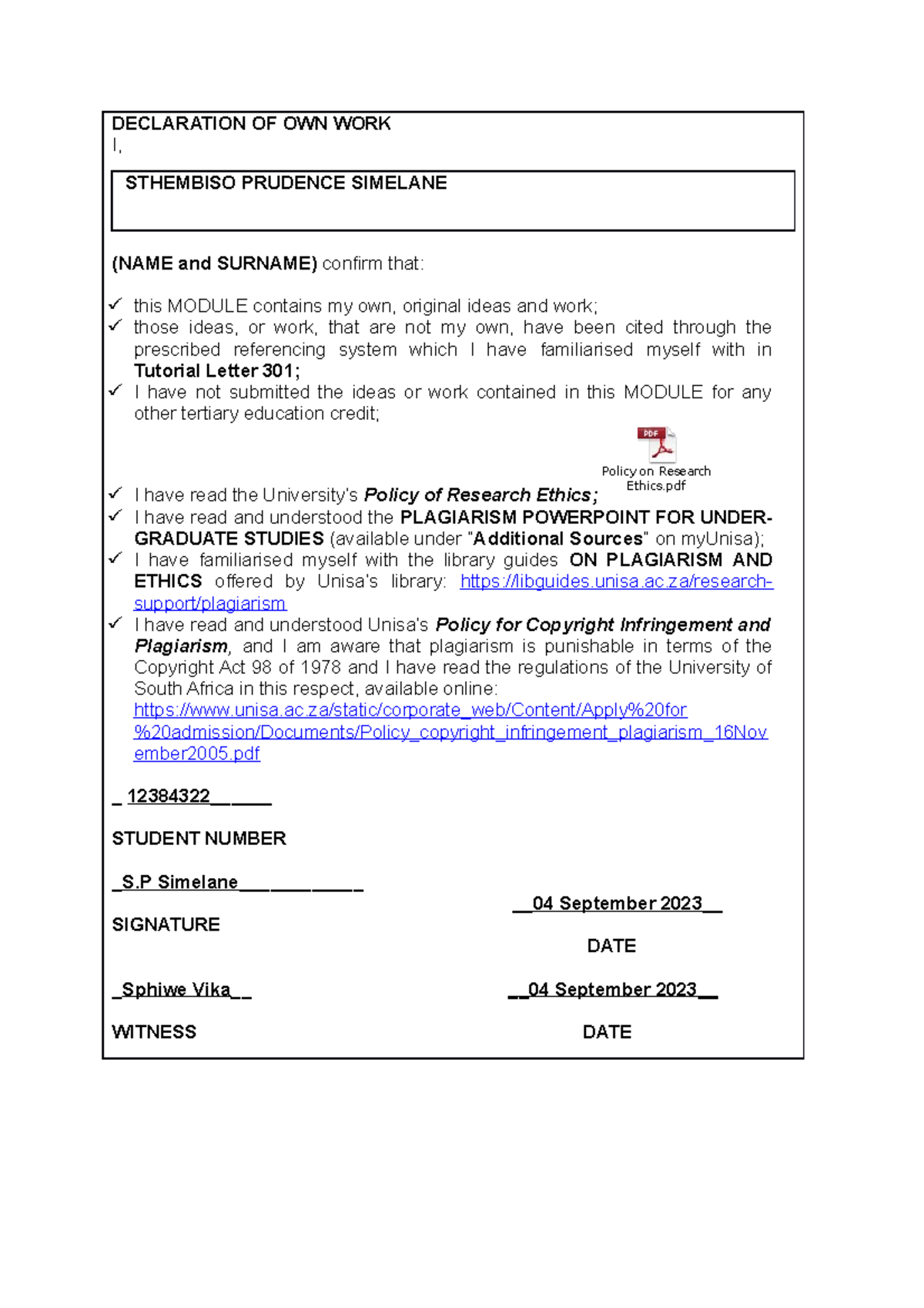 Com3707 - DECLARATION OF OWN WORK I, STHEMBISO PRUDENCE SIMELANE (NAME ...