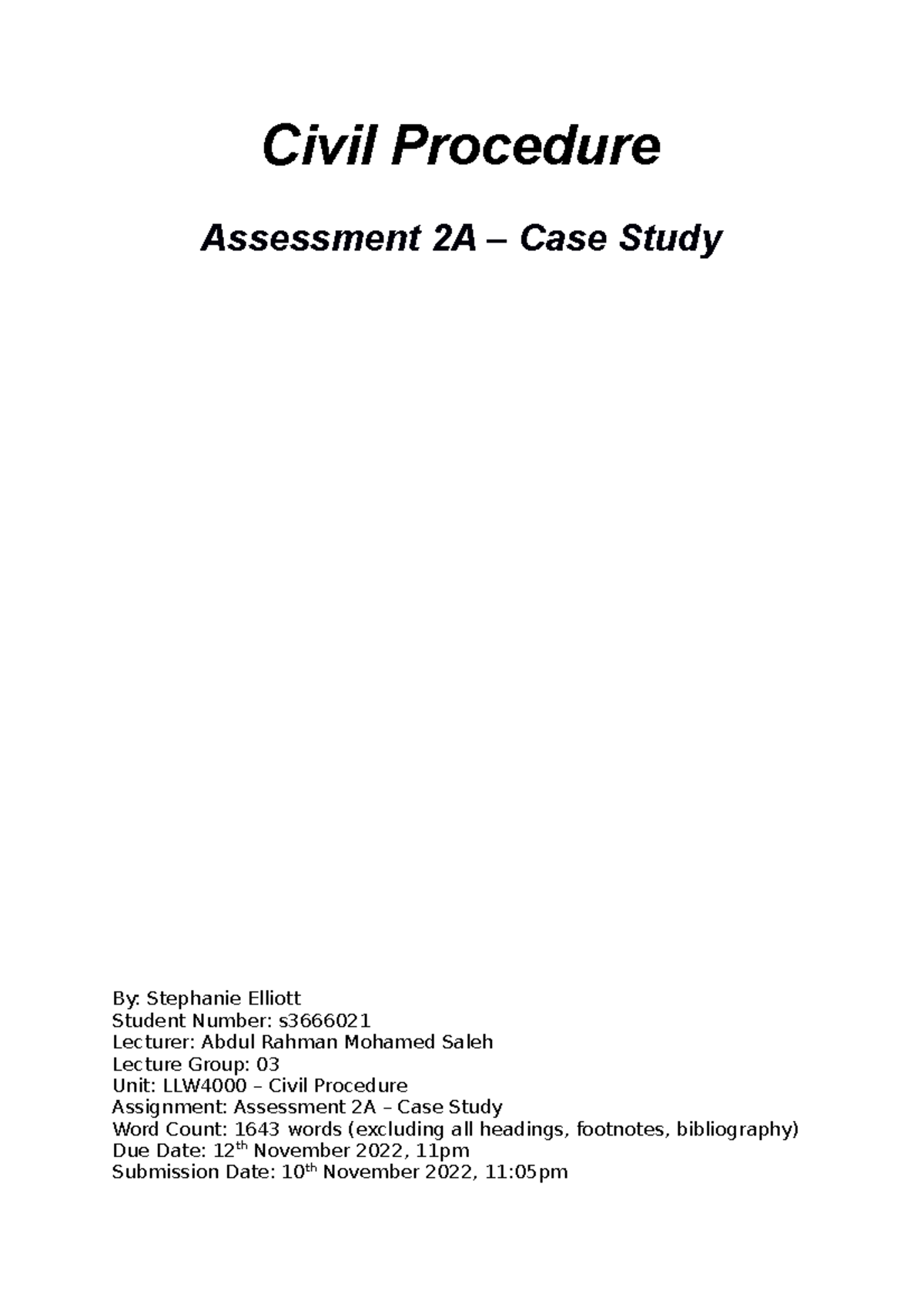 Assessment 2 - Case Study - Civil Procedure Assessment 2A – Case Study ...