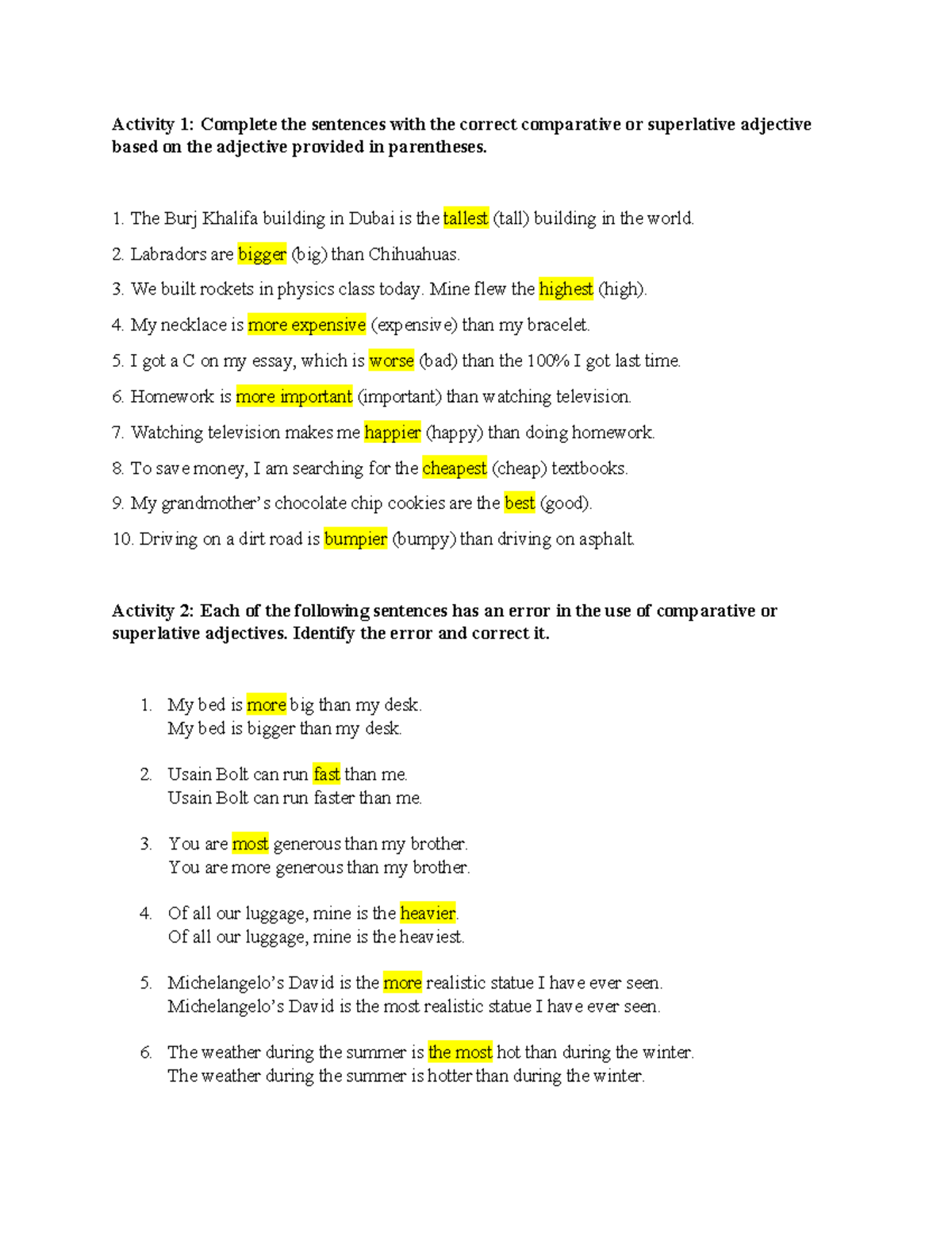 Positive comparative superlative exercise - Activity 1: Complete the ...